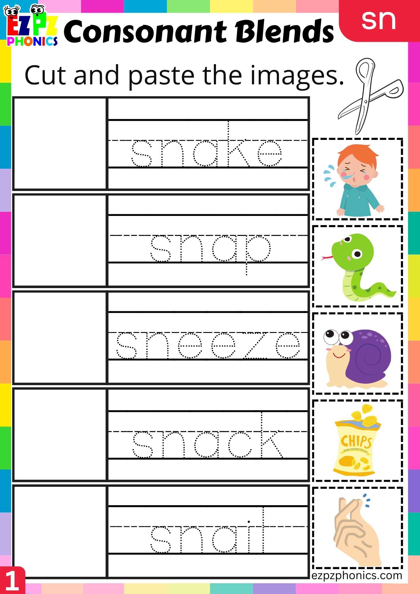 Group1 SN Words Cut And Paste The Images Phonics Consonant Blends Worksheet - ezpzphonics.com